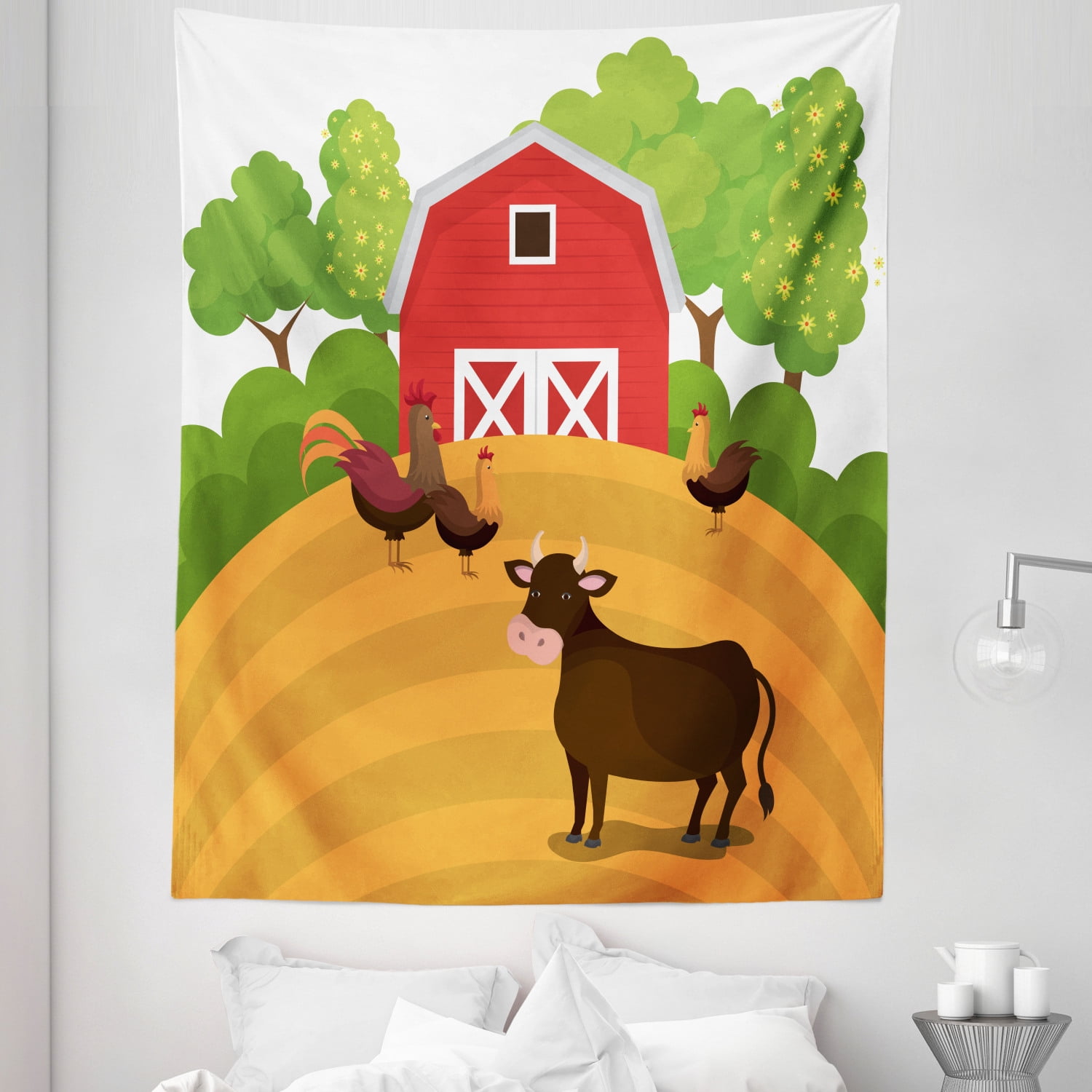 Farmhouse Tapestry, Chickens Barnyard Rooster Bull Field Stable Design ...