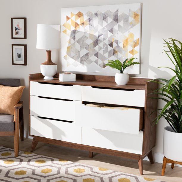 Bartel Modern White and Walnut Wood 6-Drawer Storage Dresser by Bellamy ...