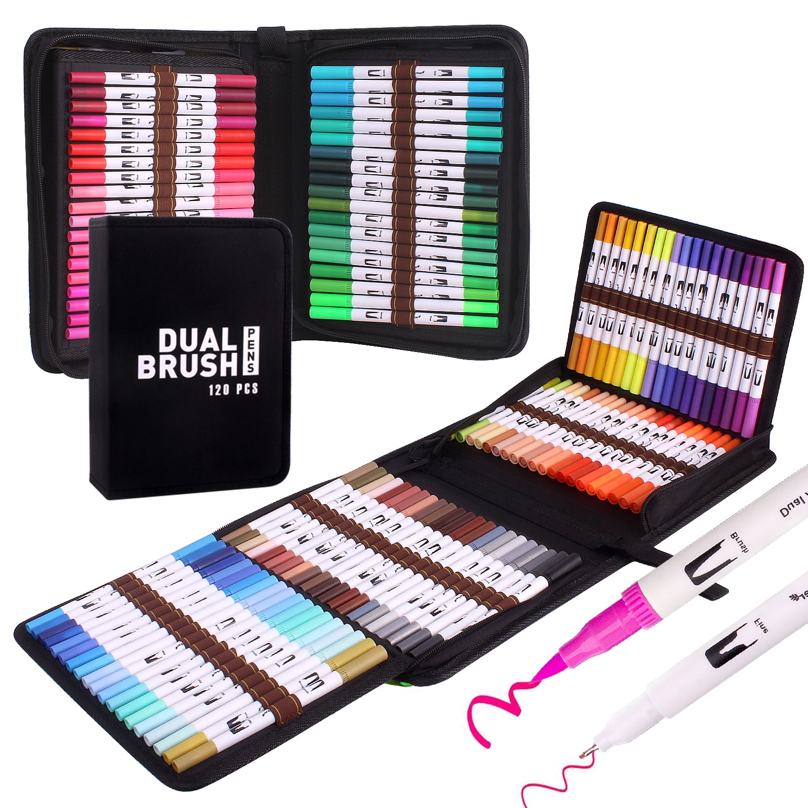 120 Double Brush Tips Watercolor Markers Set (White Pen Holder), Zipper ...