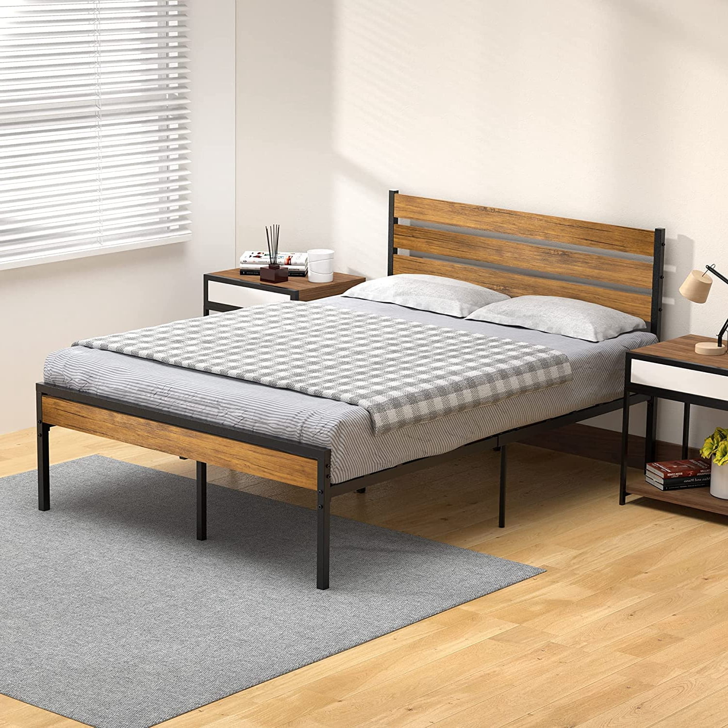 Coromose Bed Frame with Wood Headboard, Metal Slats Support Platform ...