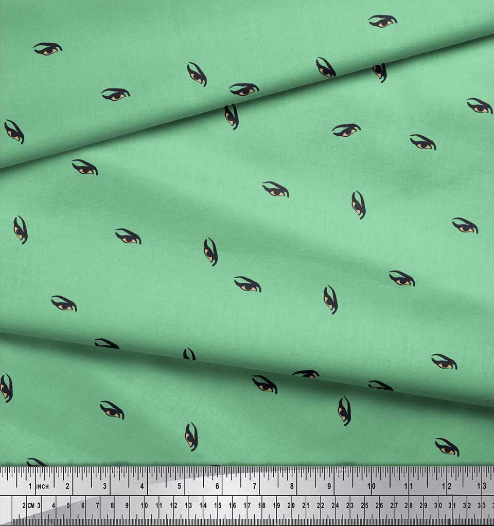 Soimoi Green Satin Silk Fabric Eyes Face Print Fabric by the Yard 42 ...