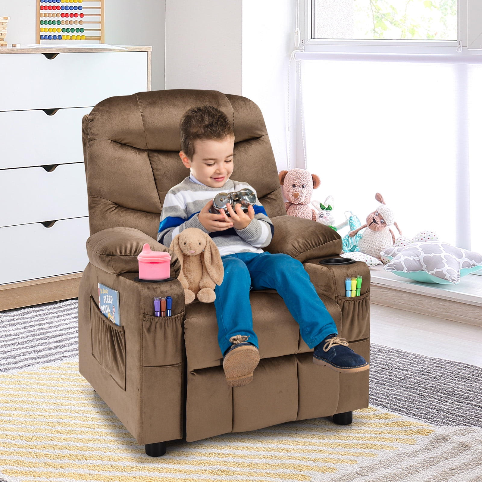 Infans Kids Youth Recliner Chair Velvet Fabric Armrest Sofa w/Cup ...