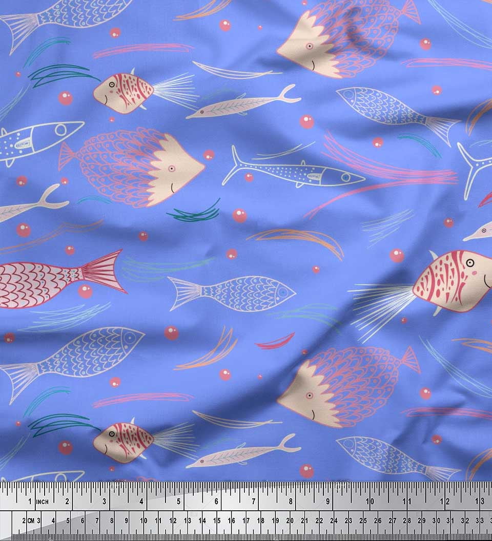 Soimoi Blue Satin Silk Fabric Bubbles & Fish Ocean Print Fabric by Yard ...