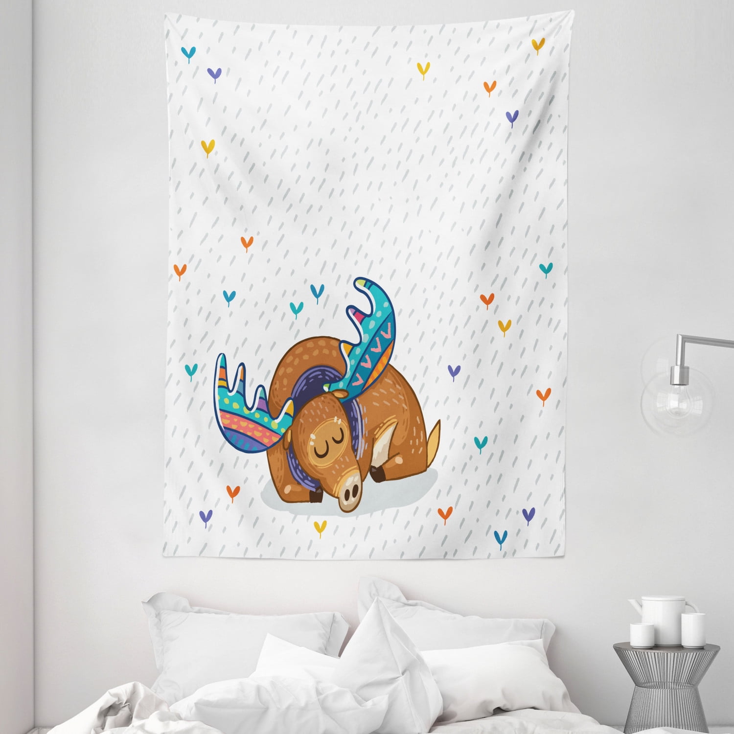 Moose Tapestry, Colorful Antlers Boho Deer Retro Artsy Winter Rain ...
