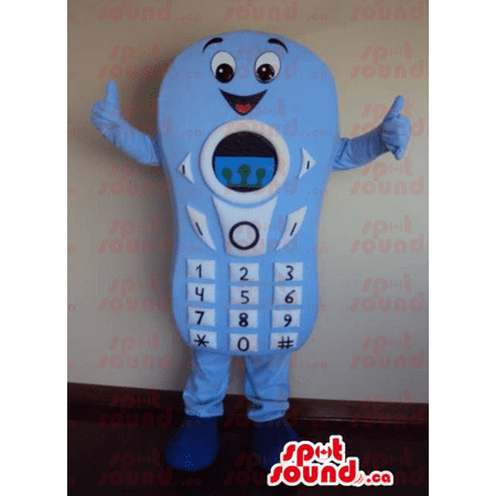 Blue Mobile Cell Phone SPOTSOUND Mascot With Large Keys And Face ...