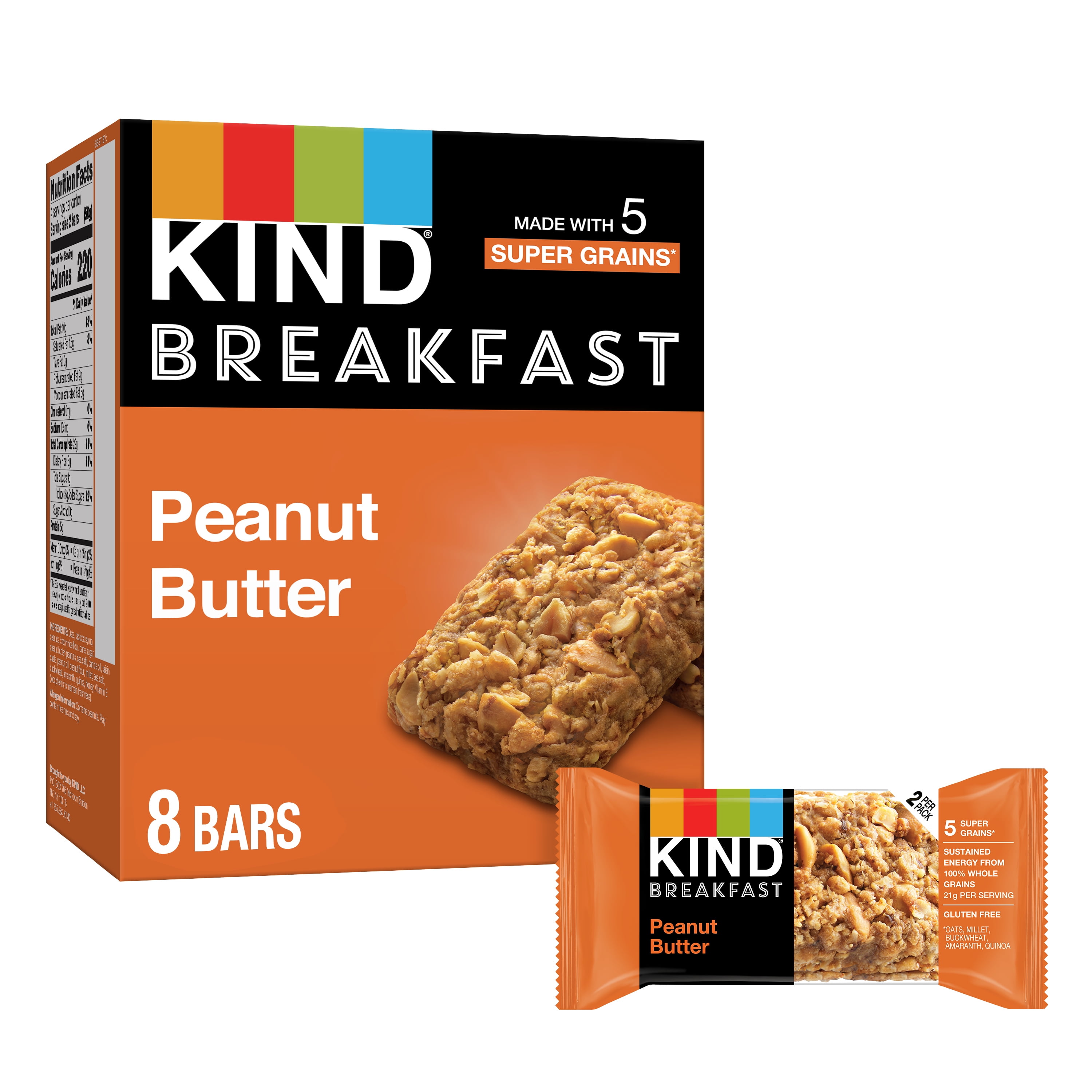 KIND Breakfast Bars, Peanut Butter, 1.76 oz, 8 Count - Walmart.com
