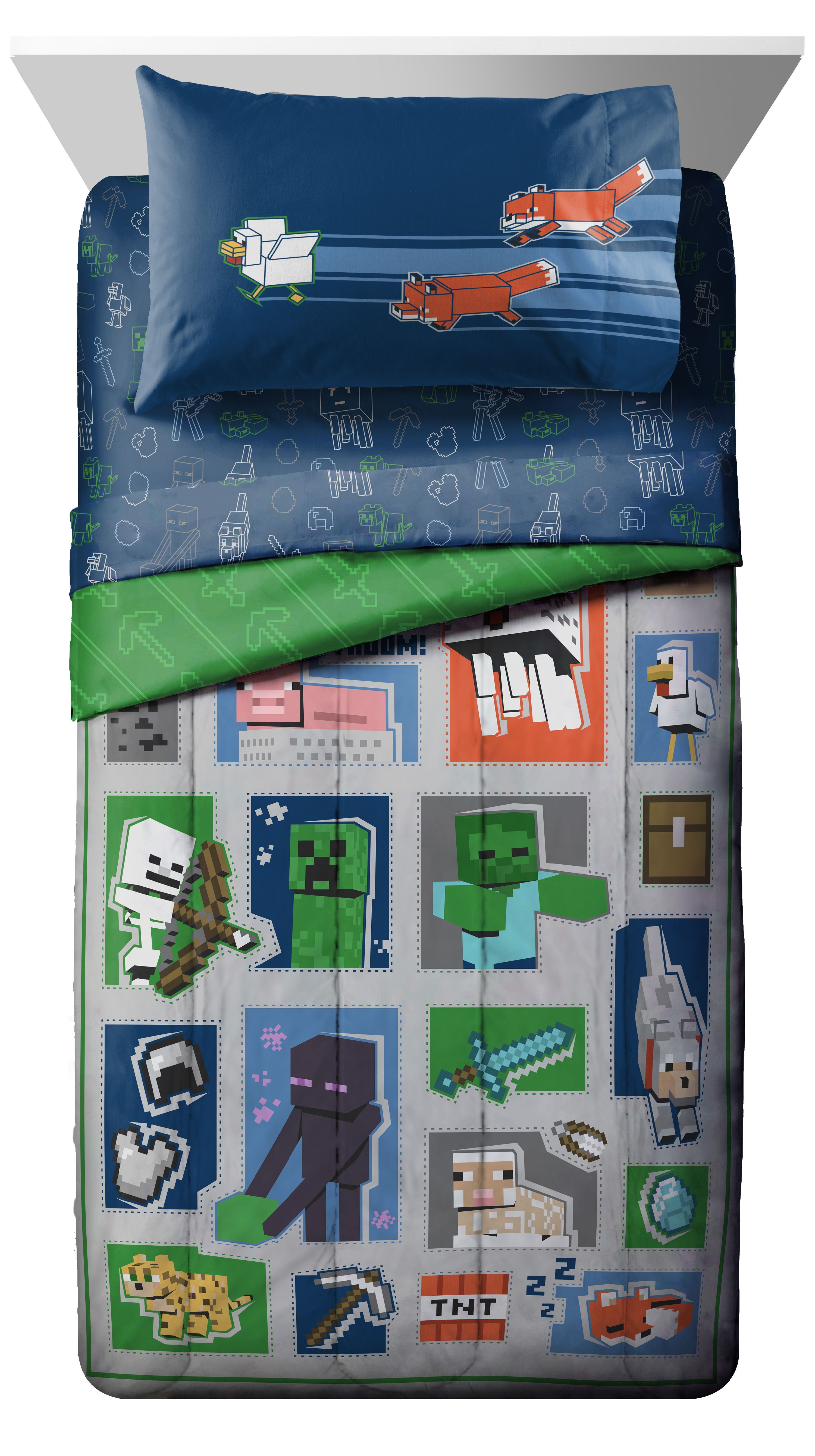 Minecraft Patchwork Blue Reversible 5 Piece Twin Bed Set, 100% ...