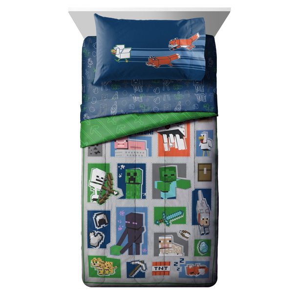 Minecraft Patchwork Blue Reversible 5 Piece Twin Bed Set, 100% ...
