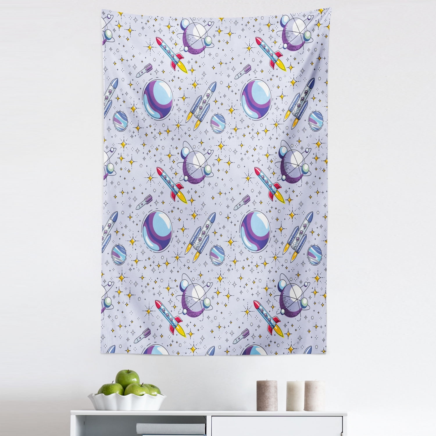 Outer Space Tapestry, Cosmos Fantasy Colorful Cartoonish Design Rockets ...