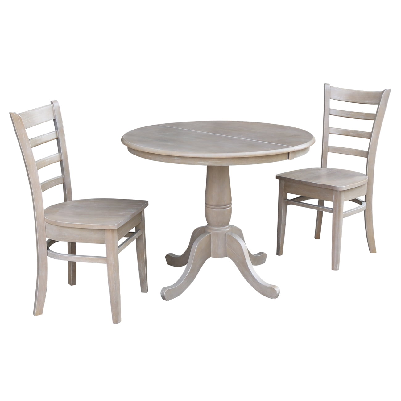 36" Round Dining Table with 12" Leaf and 2 Emily Chairs – Washed Gray ...