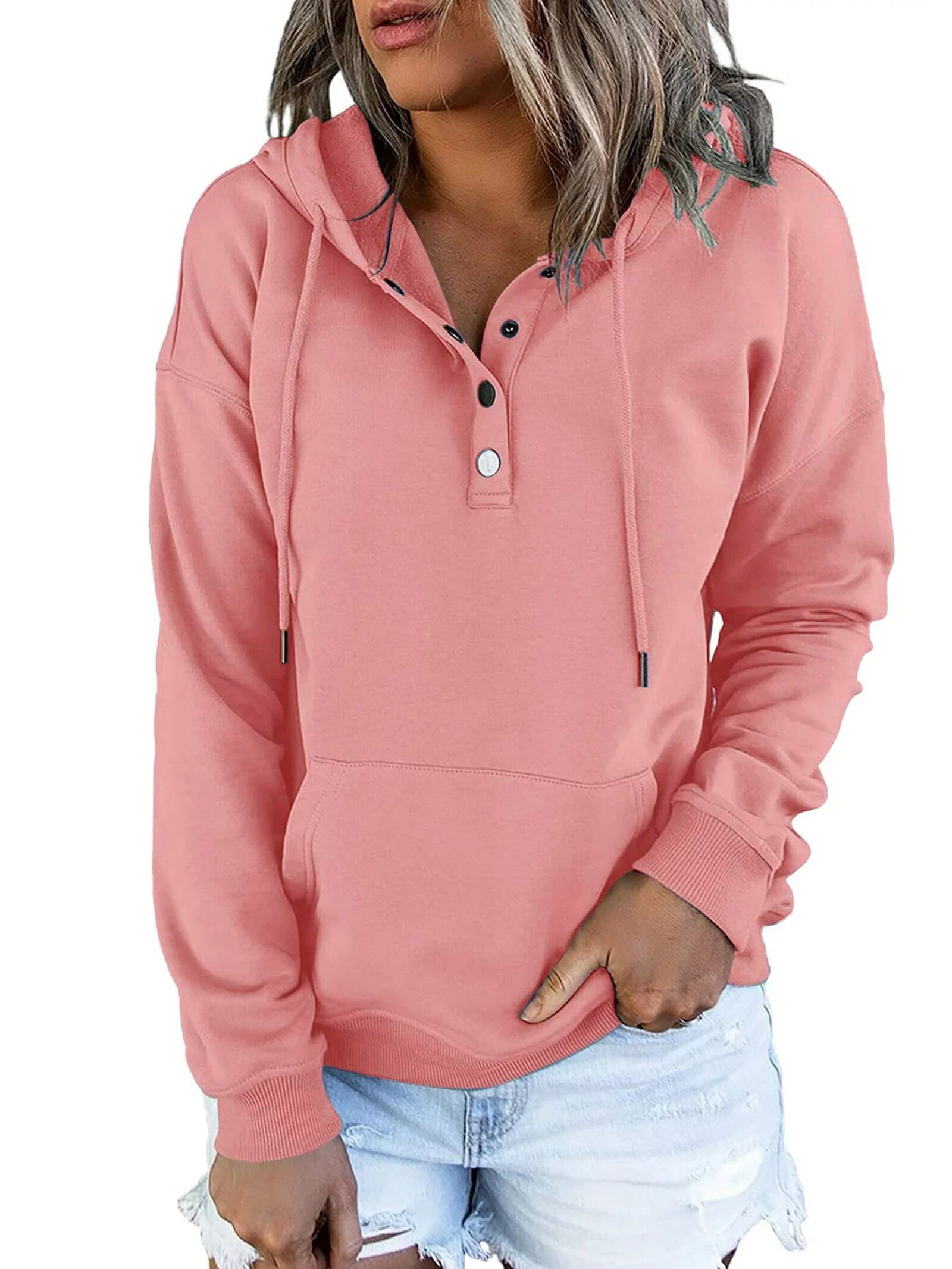 MOSHU Half Boutton Womens Hoodies Drawstring Hooded Sweatshirts for Woman With Pocket - Walmart.com