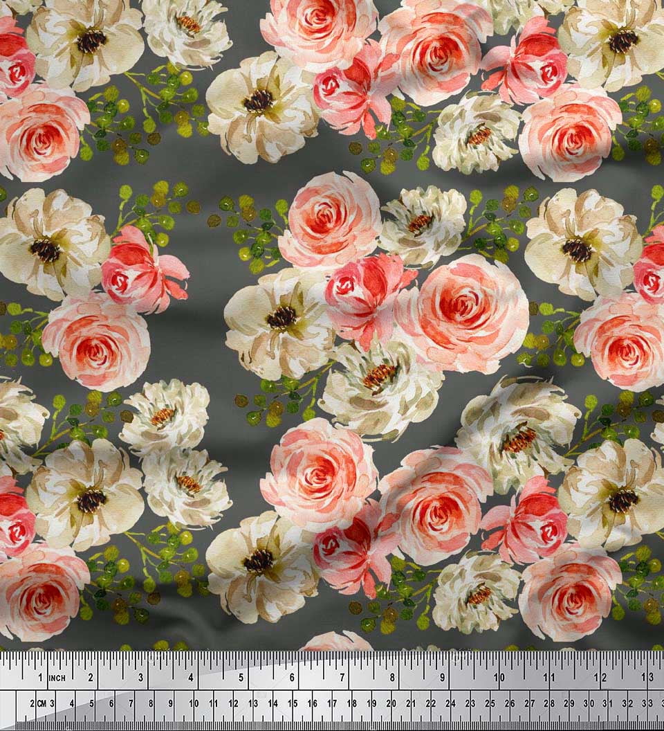 Soimoi Rayon Crepe Fabric Ranunculus with Bunch Floral Fabric Prints by ...