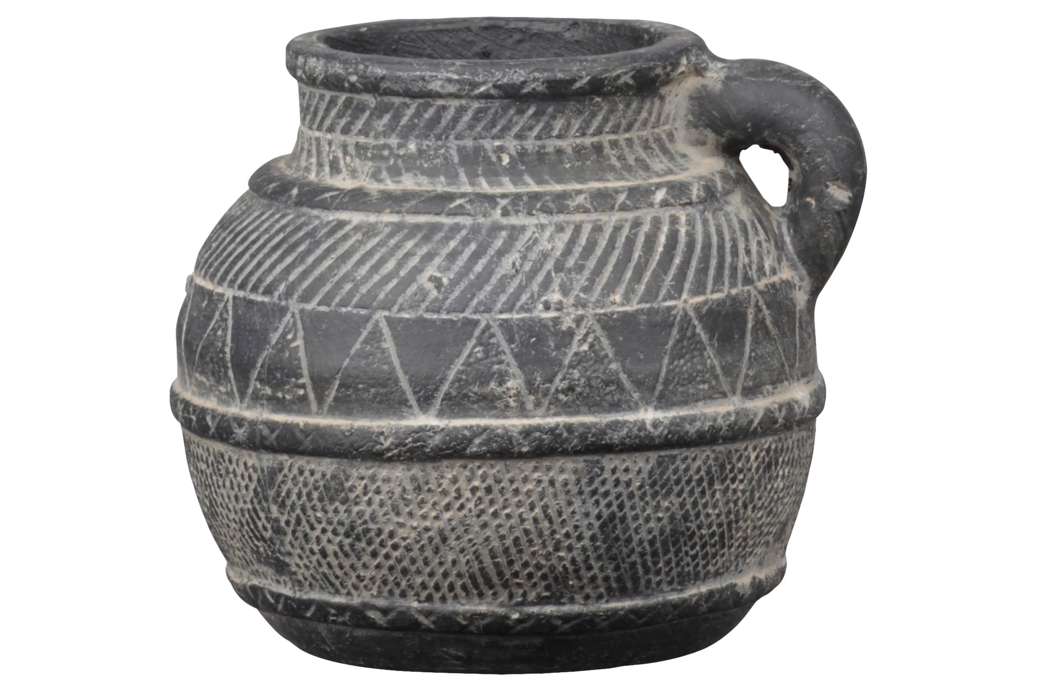 Ceramic Round Bellied Pot with Side Handle, Engraved Tribal Design Body ...
