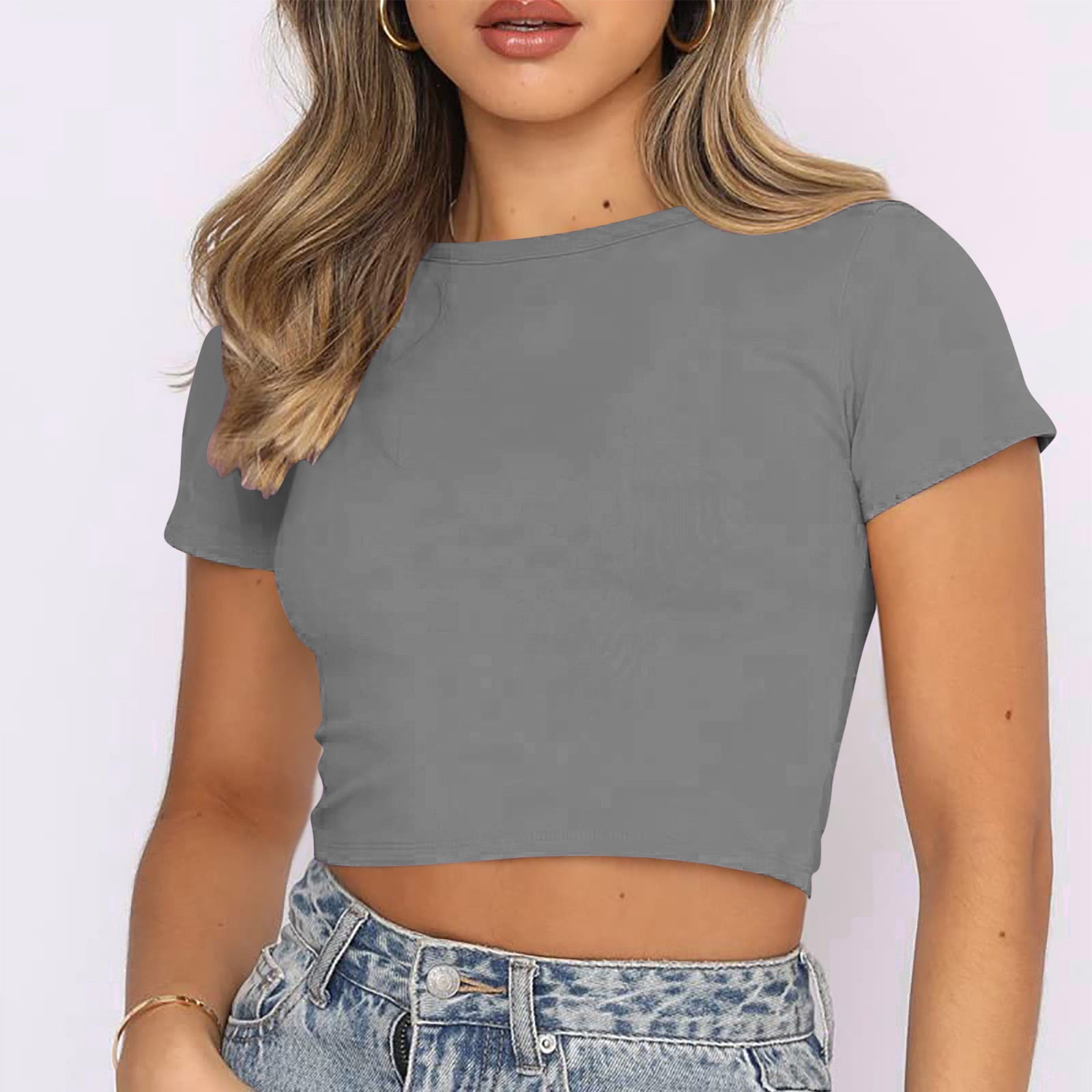 HWRETIE Women Tops Clearance Women Crop Cute Trendy Basic Tight Rounk ...