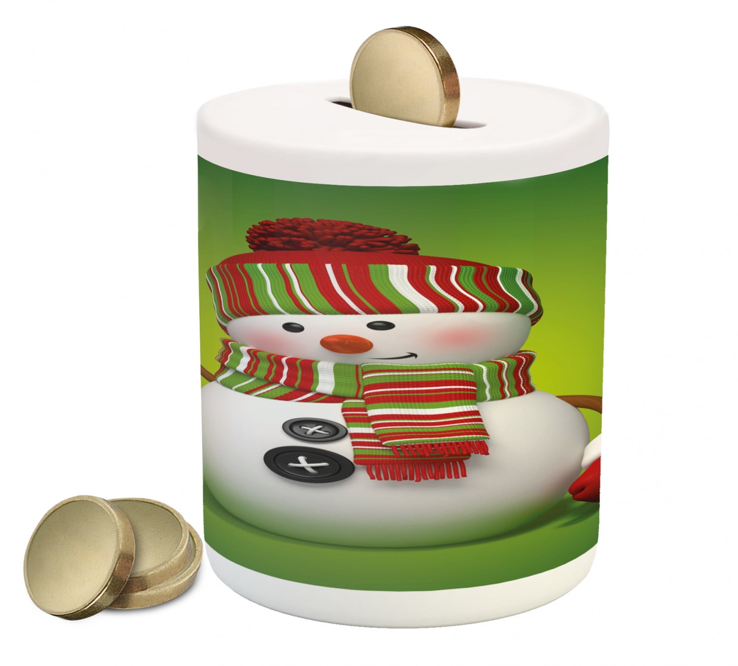 Snowman Piggy Bank, 3D Style Fun Character Greeting Traditional Colors ...