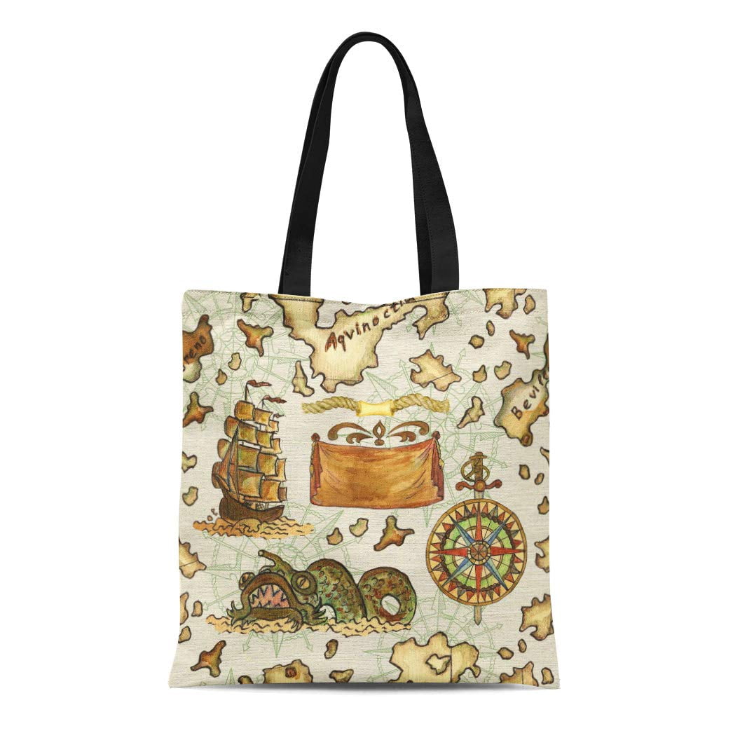 ASHLEIGH Canvas Tote Bag Nautical Pirate Map of Treasure Island Sailing ...