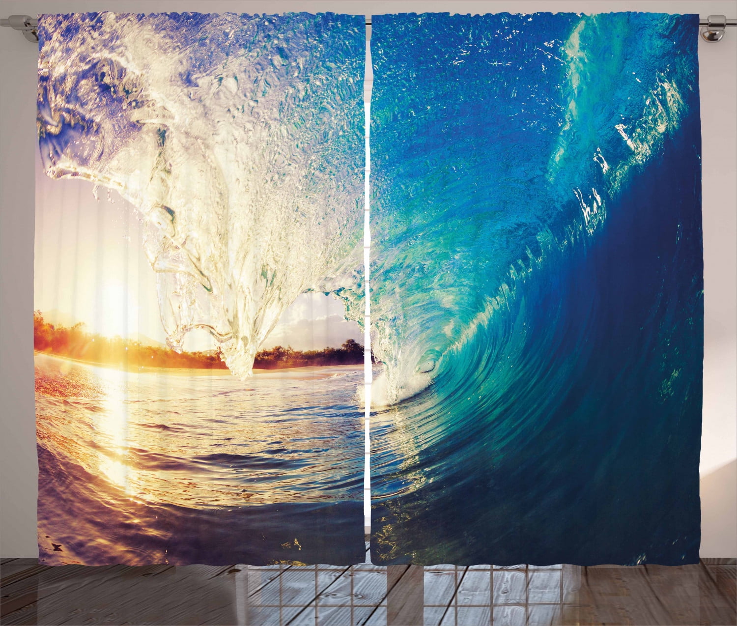 Ocean Curtains 2 Panels Set, Sunrise on Waves Surfer Perspective ...