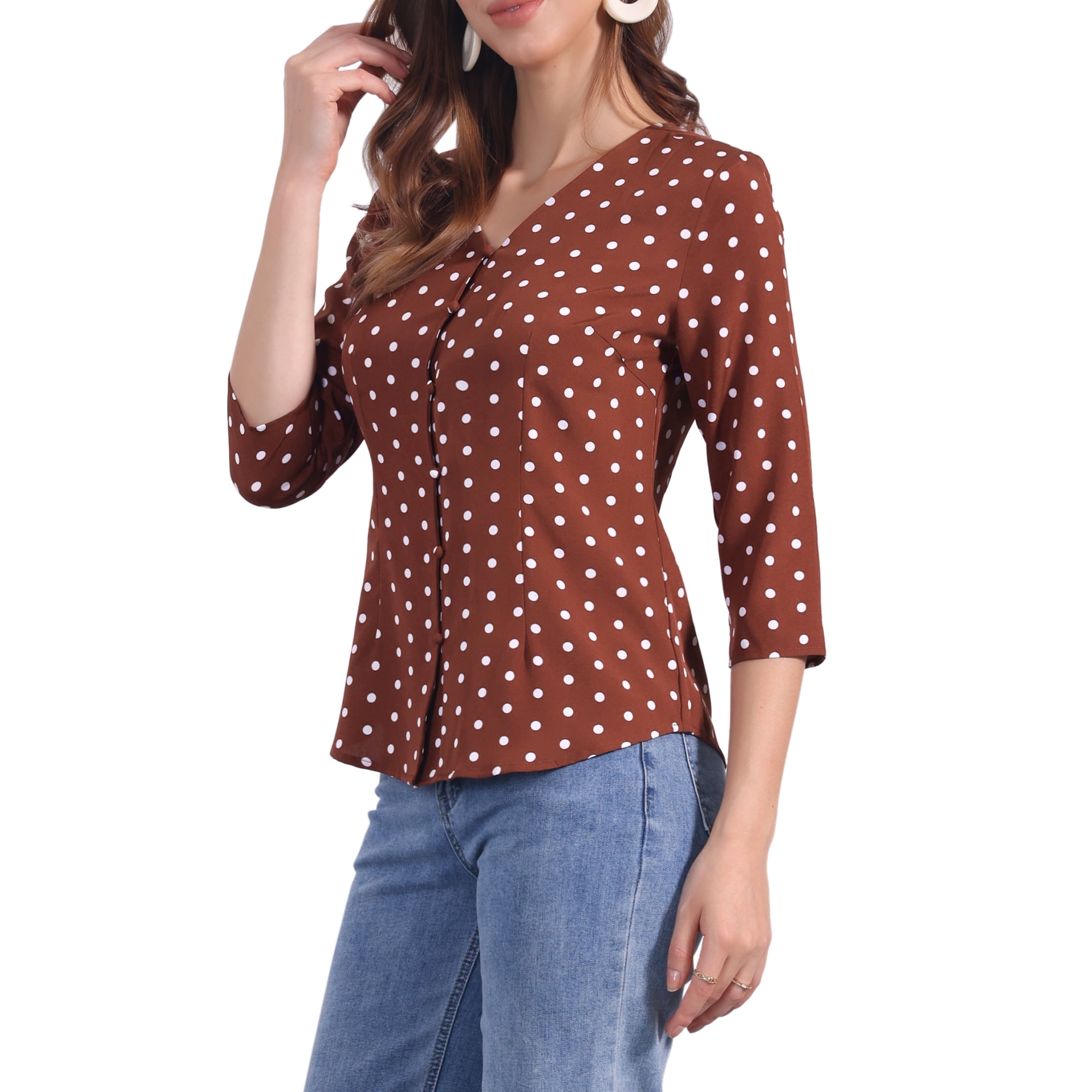 Click here for Inspire Chic Womens Blouse V Neck 3/4 Sleeves Polk... prices