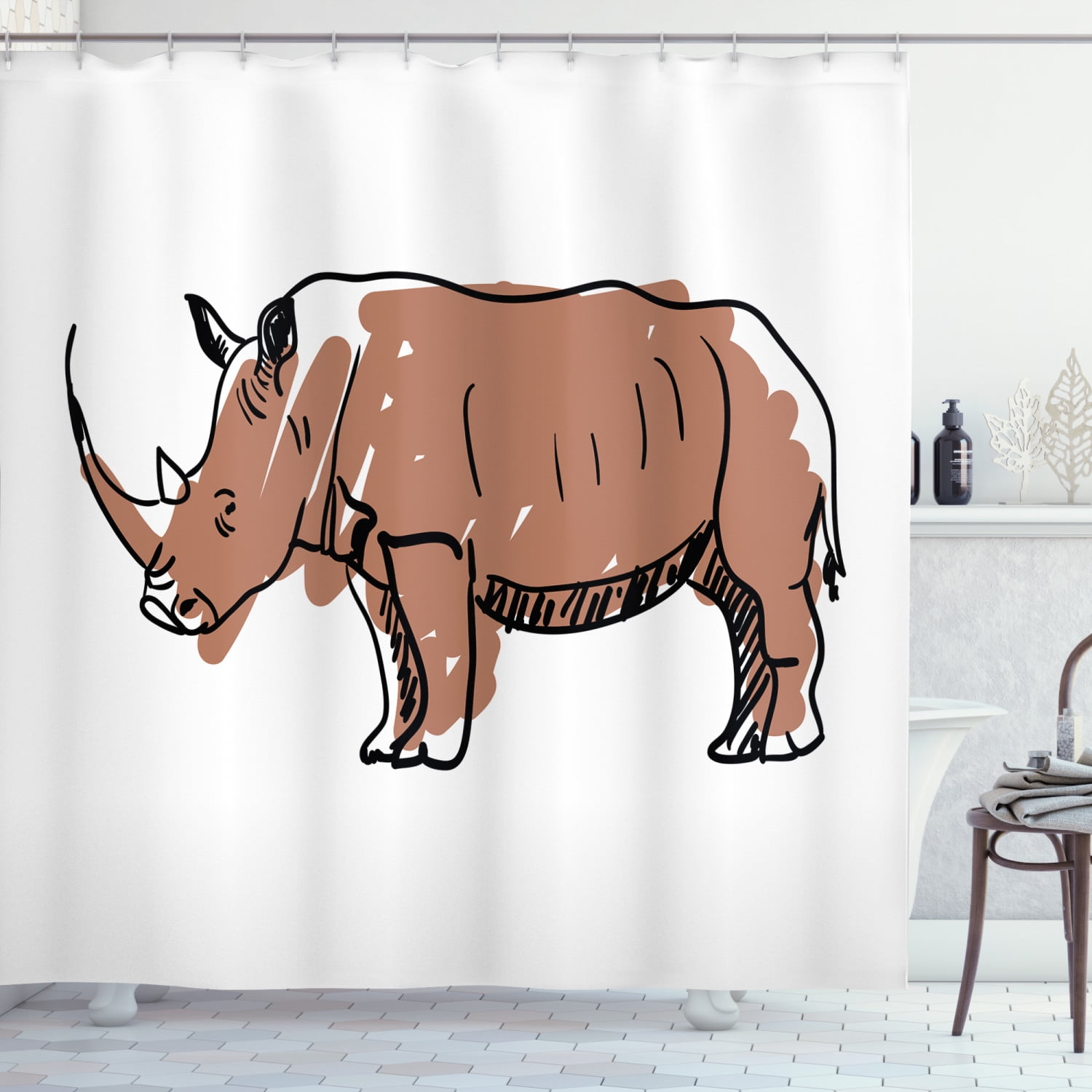Rhino Shower Curtain, Random Doodle Design Creature Painted by Hand ...