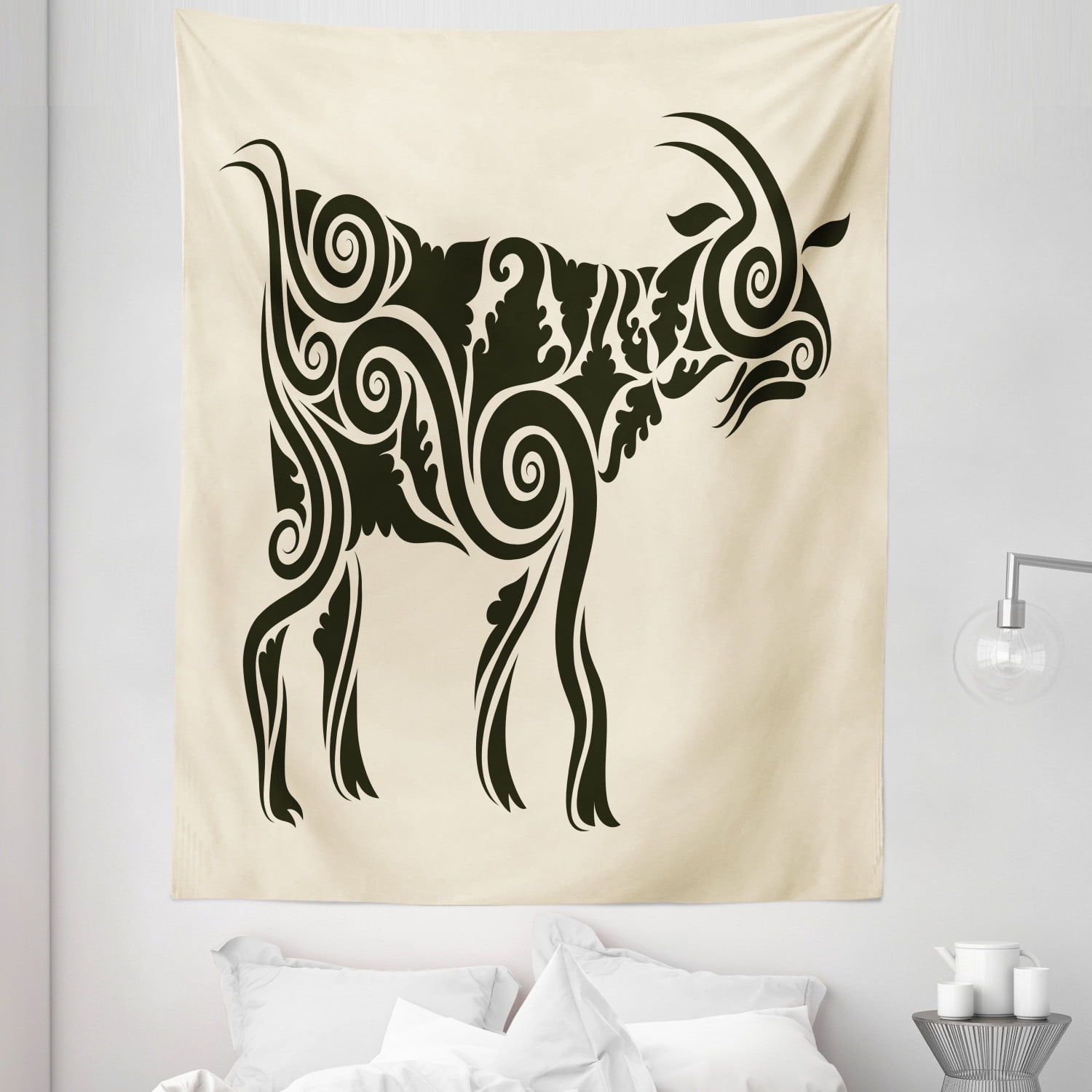 Goat Tapestry, Tribal Tattoo Style Ornamental Goat with Curves Waves ...