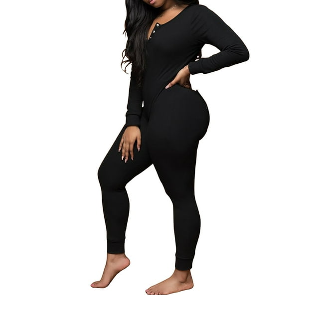 Women One Piece Onesie Sleepwear Butt Button Back Flap Jumpsuit Pajamas ...