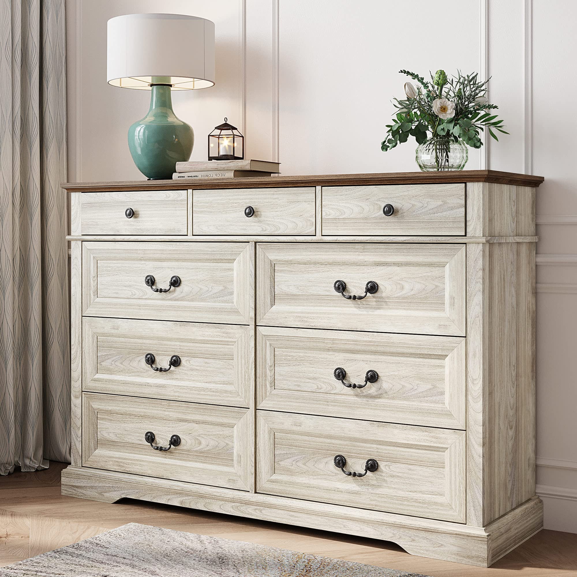 LINSY HOME Dresser for Bedroom, Long Dresser with 9 Drawers and Antique ...
