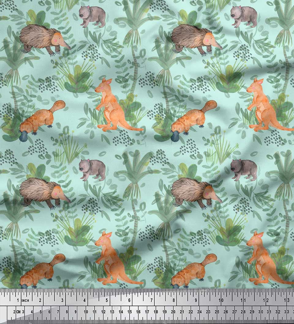 Soimoi Green Japan Crepe Satin Fabric Animals Jungle Print Fabric by ...