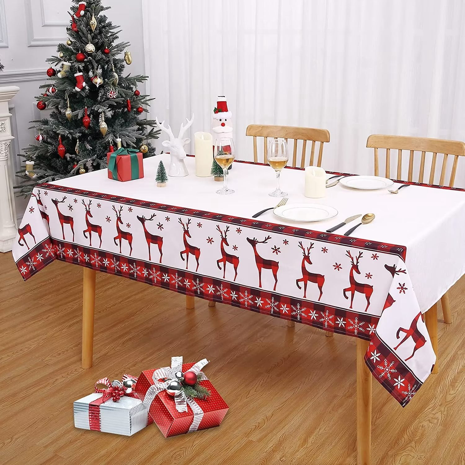 ZACOO 54"x90" Beige Christmas Tablecloth Plaid Reindeer Snowflake ...
