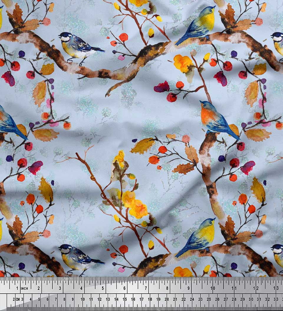 Soimoi Blue Poly Georgette Fabric Tree & American Robin Watercolor ...