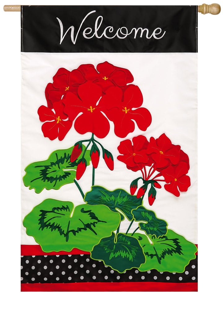 Evergreen Applique Welcome Geraniums House Flag, 29 x 44 inches ...