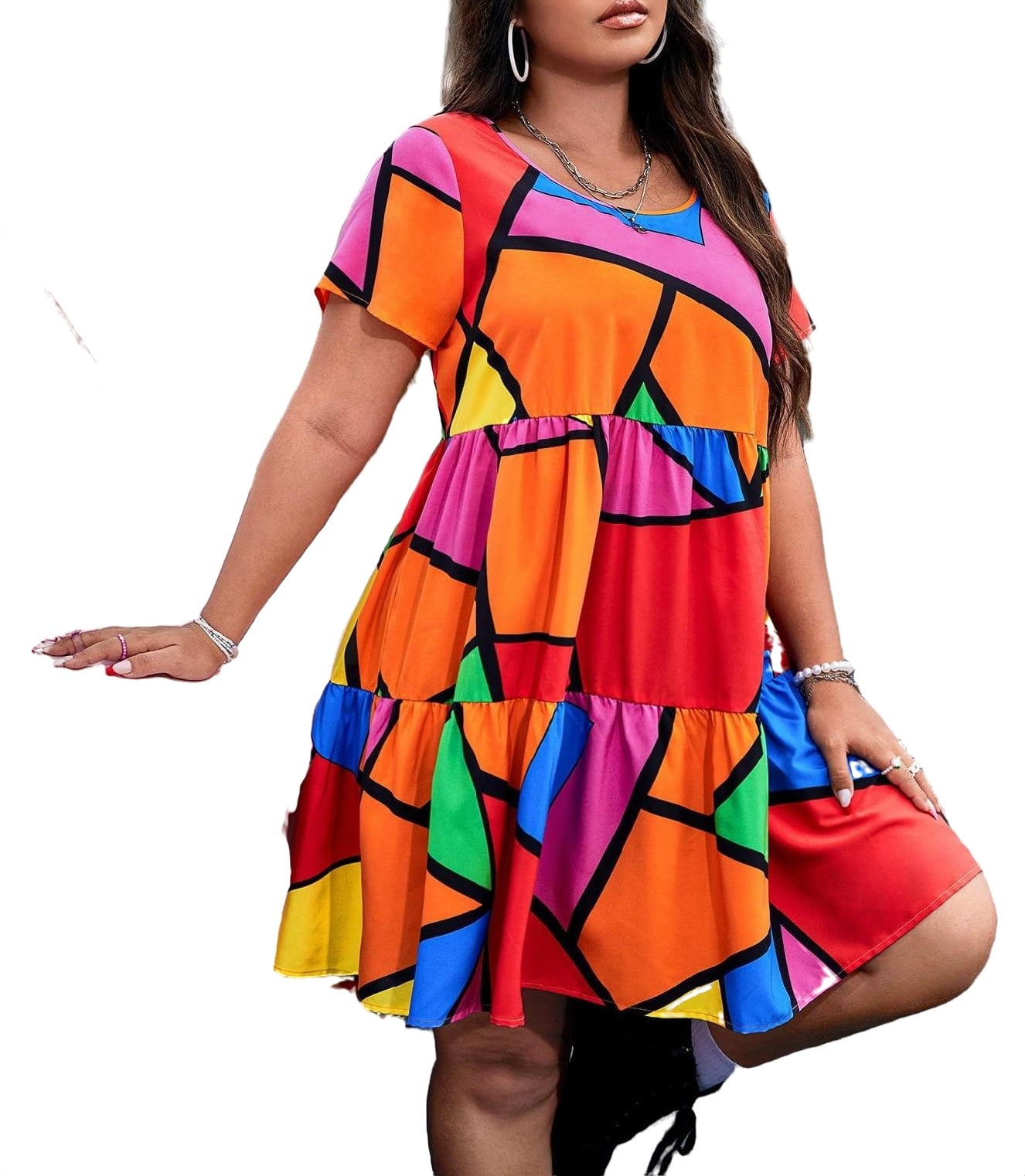 Cute Geo Print Round Neck Smock Short Sleeve Multicolor Plus Size ...