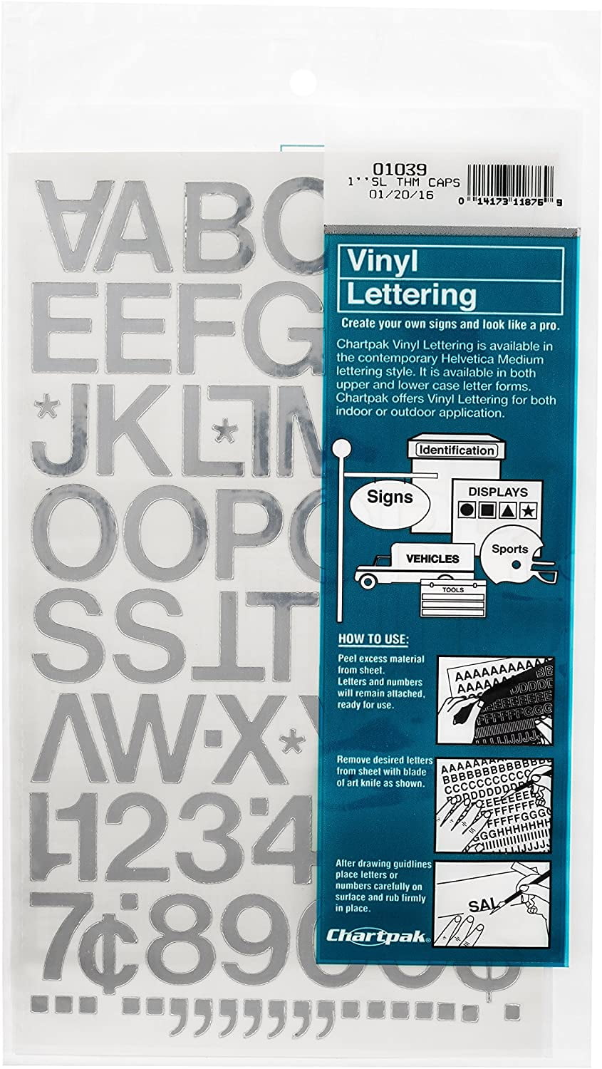 Chartpak 1-inch Silver Stick-on Vinyl Letters & Numbers (01039), 3 ...