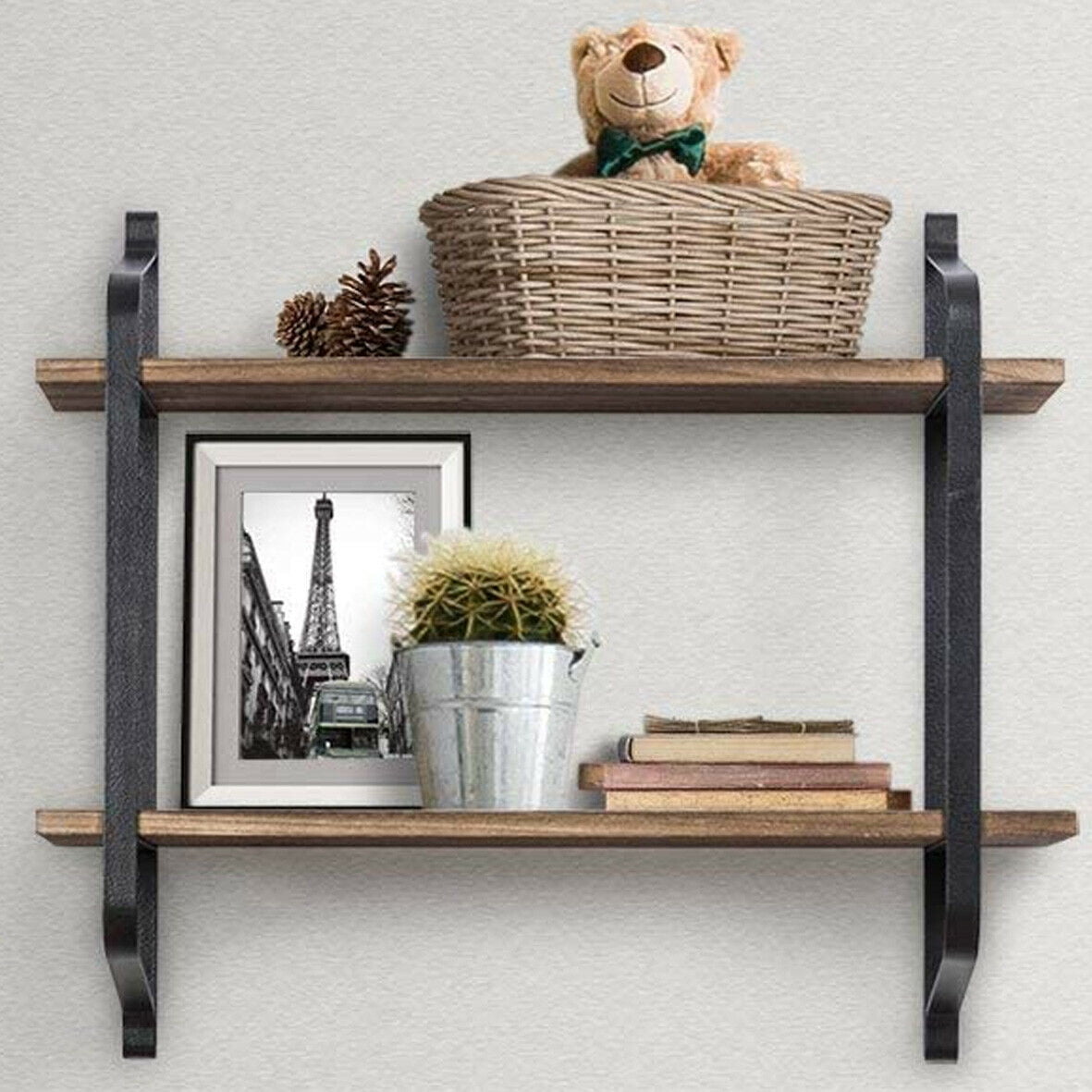 2 Tier Industrial Wood Floating Shelves Display Storage Ledge Wall ...