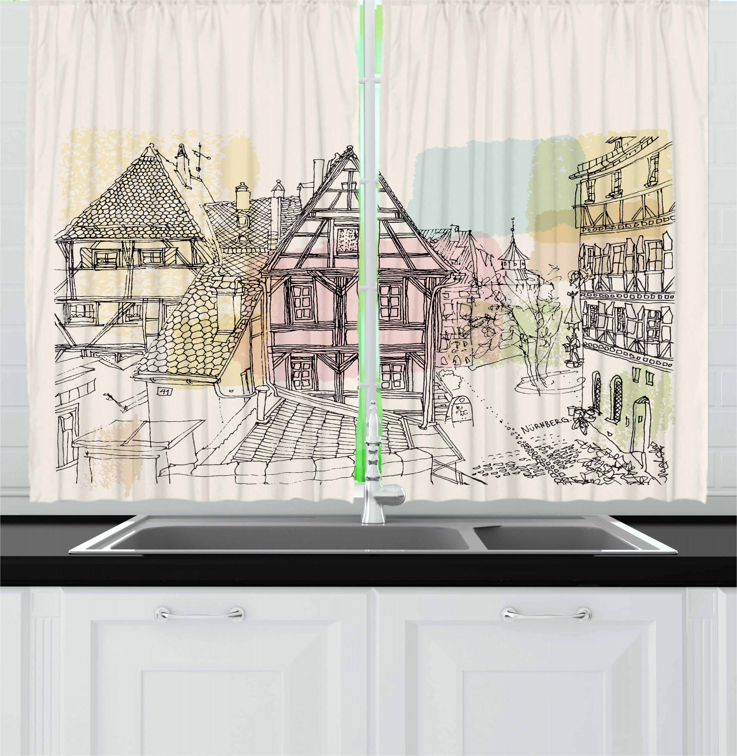 German Curtains 2 Panels Set, Historic Traditional Scene Nuremberg ...