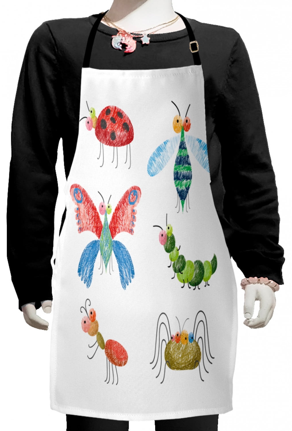 Animals Kids Apron, Hand Drawn Bugs with Pencil Marks Ladybug ...