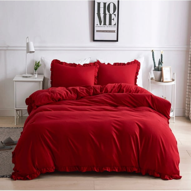 Red Ruffle Duvet Cover Set Queen Size Vintage Ruffle Fringe Comforter ...