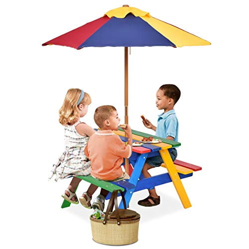 HONEY JOY Kids Picnic Table with Umbrella, Outdoor Wooden Toddler Patio ...