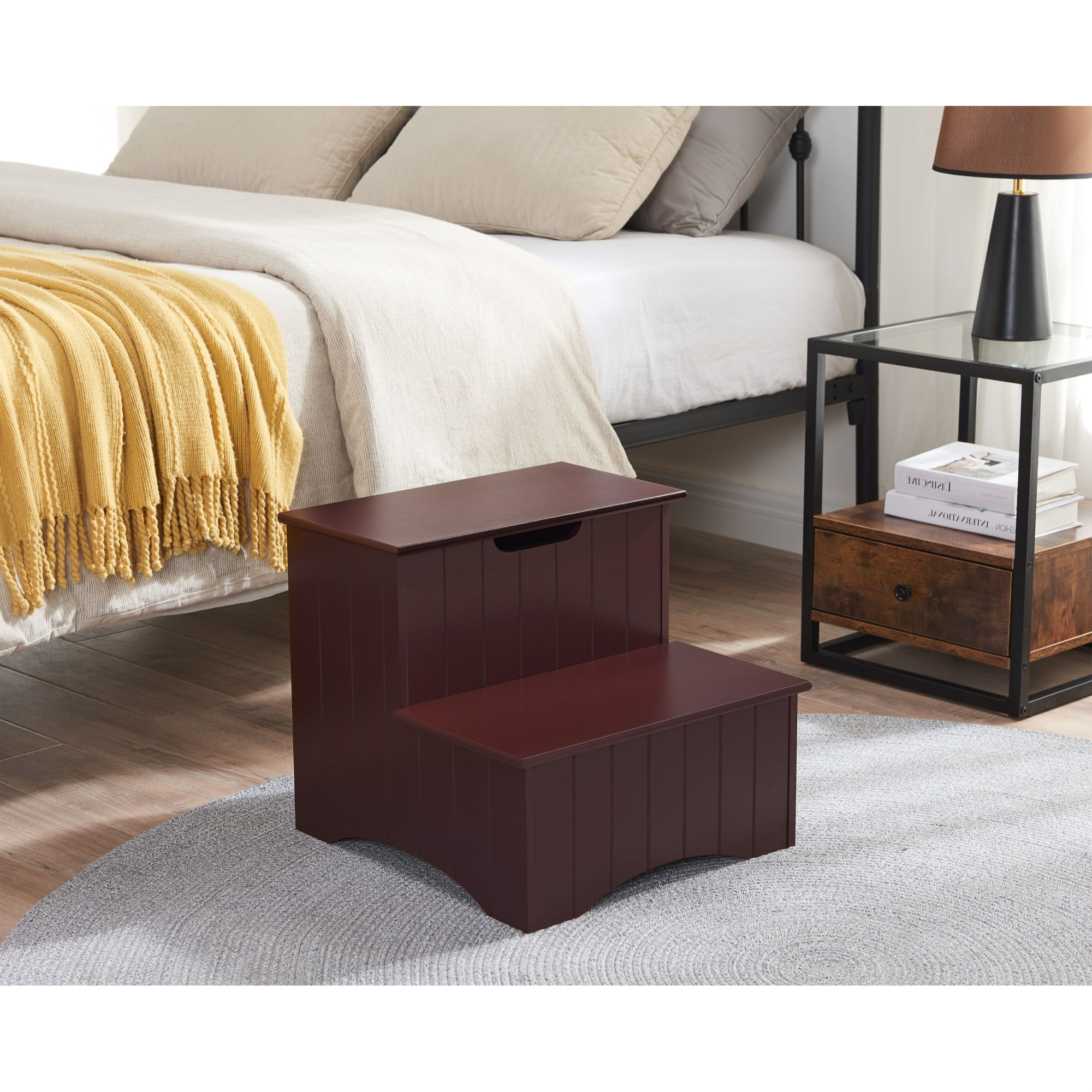 ElginContemporary Wooden Bedroom Step Stoolwith Storage, Walnut ...