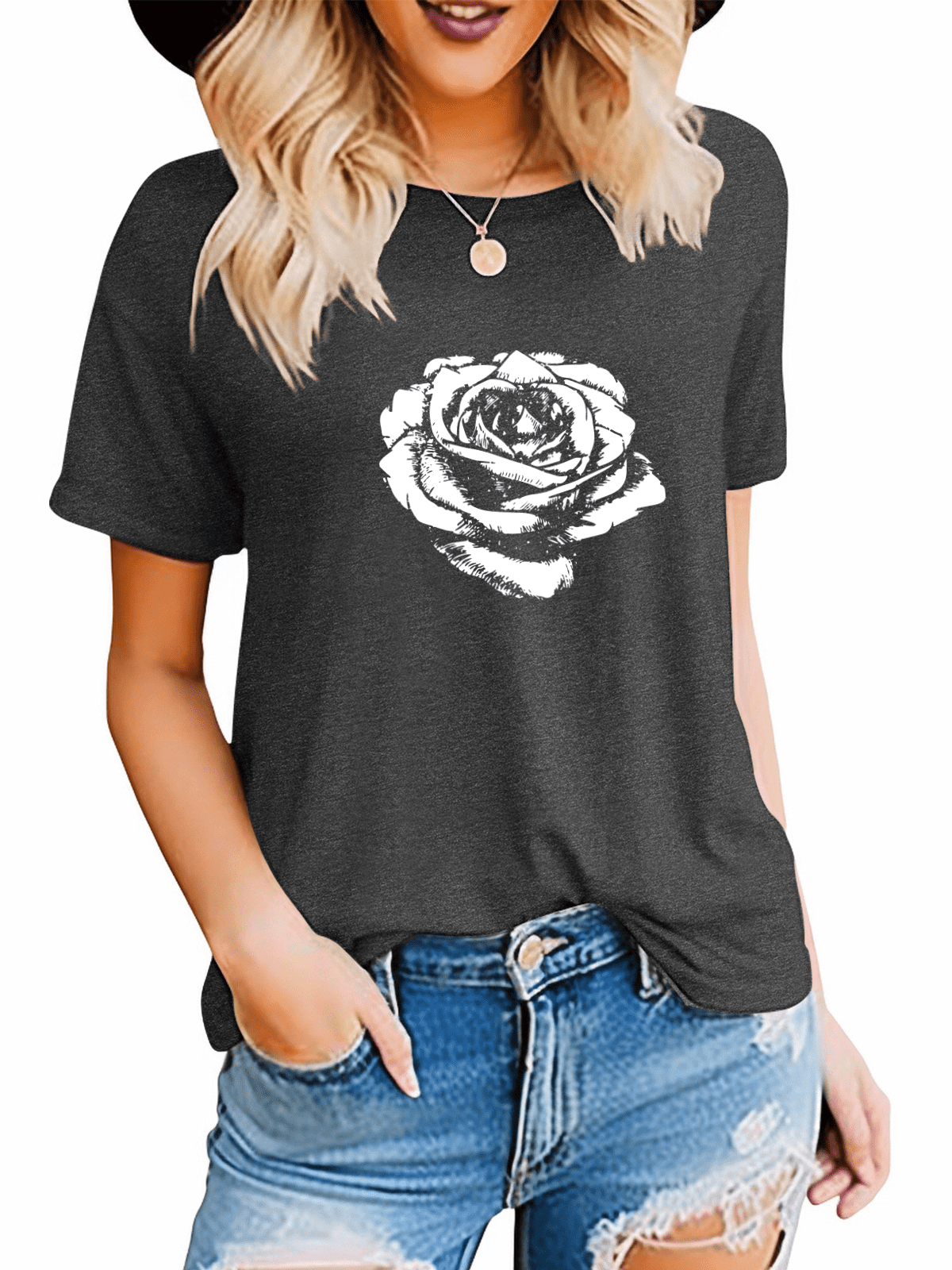 QINCAO Womens Rose Graphic Tee Loose Fit Short Sleeve Loose Tunic ...