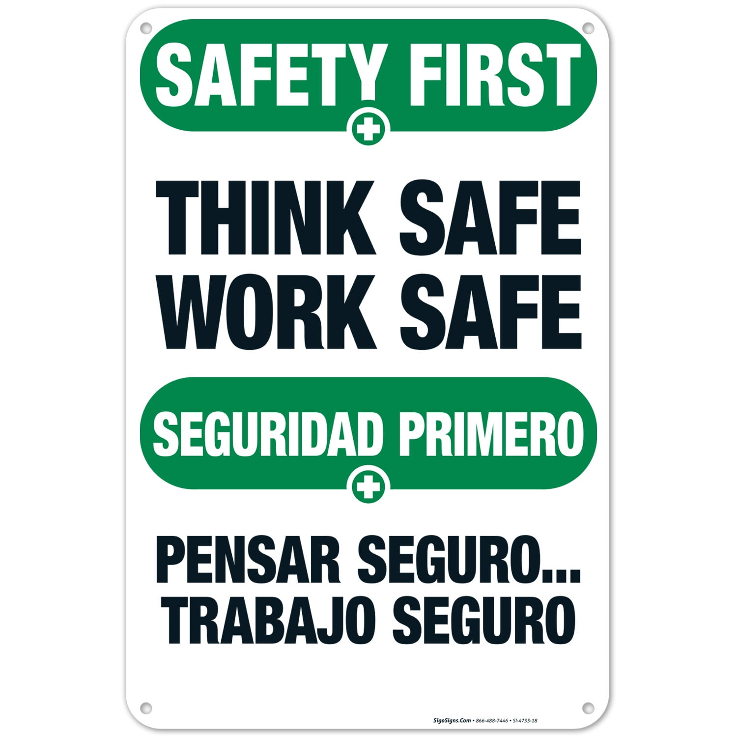 Think Safe Work Safe Bilingual Sign, OSHA Safety First Sign, - Walmart.com