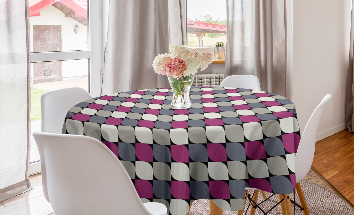 Abstract Round Tablecloth, Vintage Inspired Geometric Shapes in Squares ...