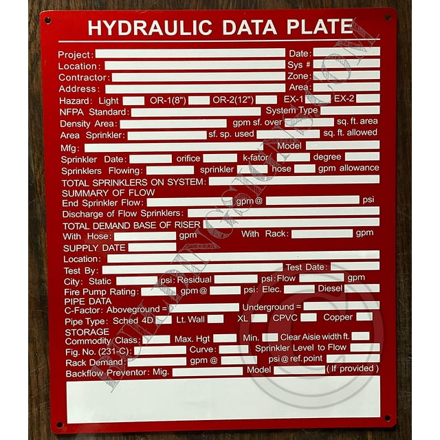 Hydraulic Data Plate Sign (RED,Aluminum, Reflective, Size 10x12 INCH ...