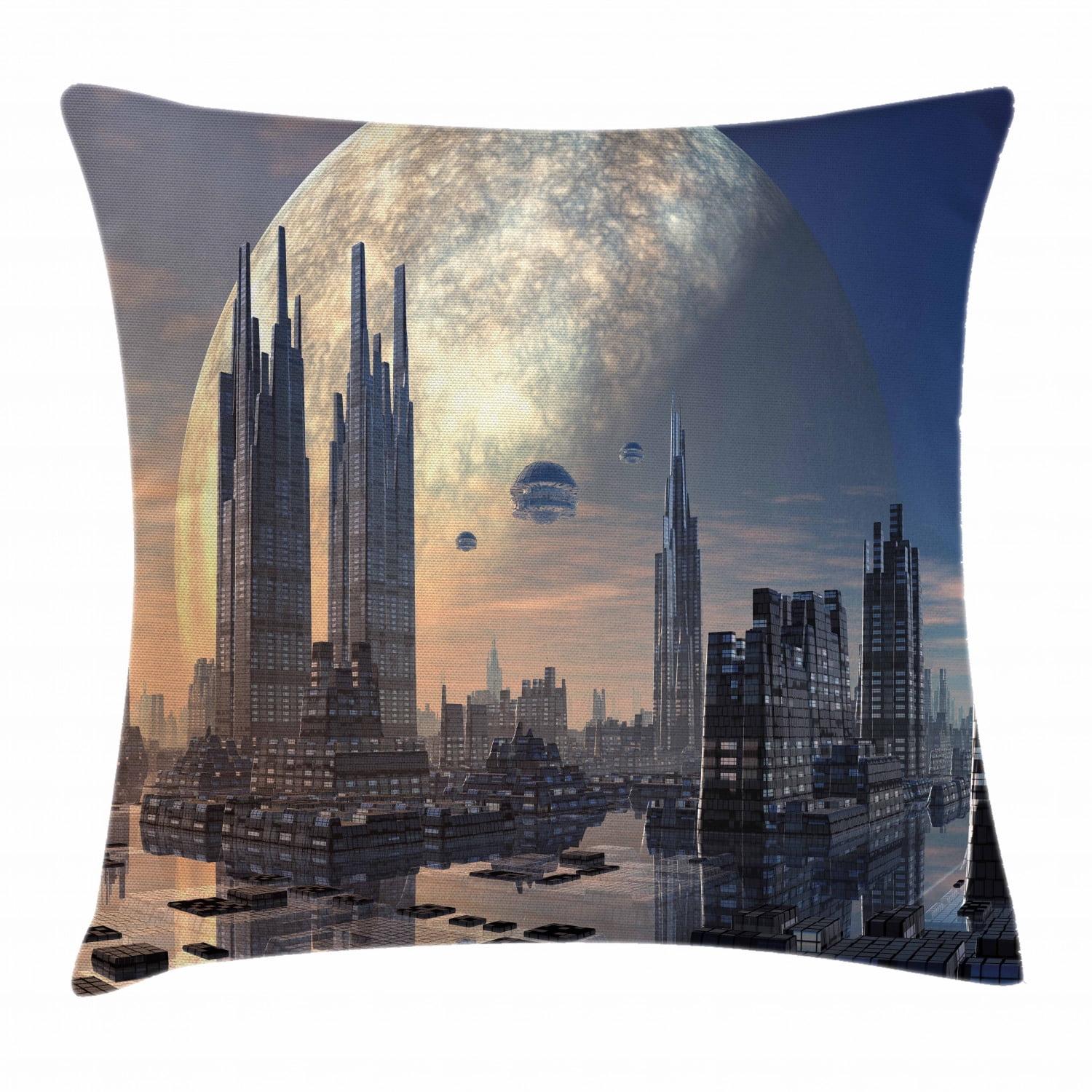 City Throw Pillow Cushion Cover, Spacecraft in Formation Futuristic ...