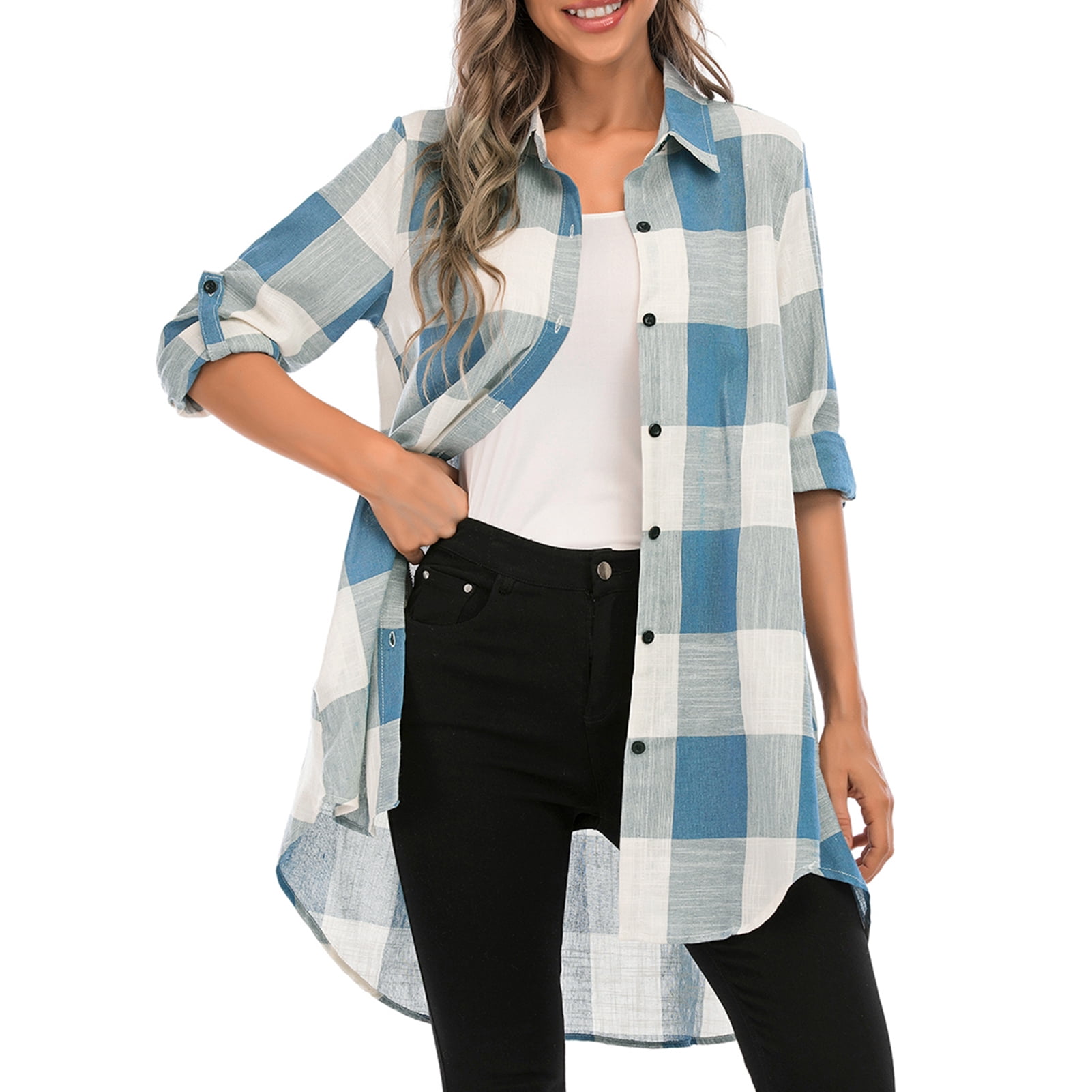 Women Plaid Shirt with Long Roll-Up Sleeves Pockets Button Down Turn ...
