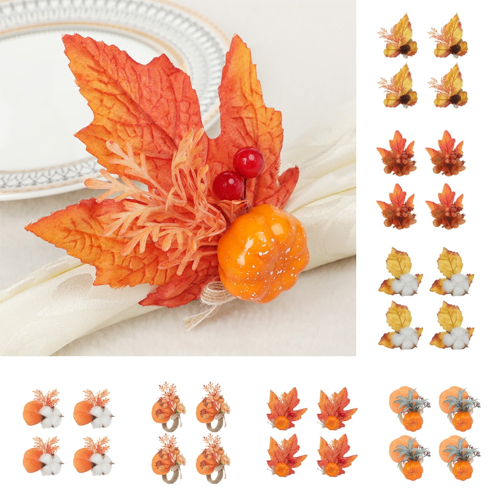 Happy Date 4 Pieces Fall Harvest Napkin Rings Pumpkin Berry Maple ...