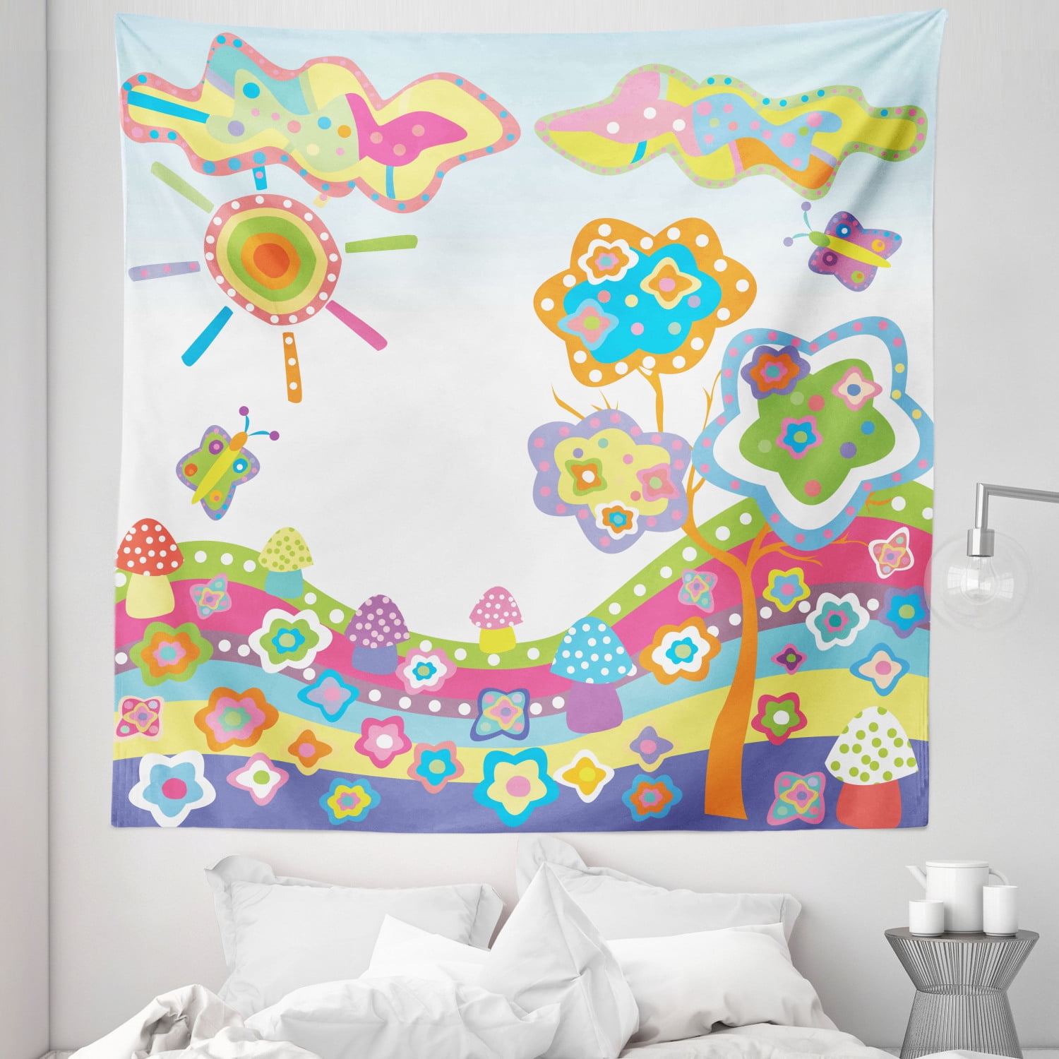 Cartoon Tapestry, like Drawing of a Hill with Colorful Sun a Tree and ...