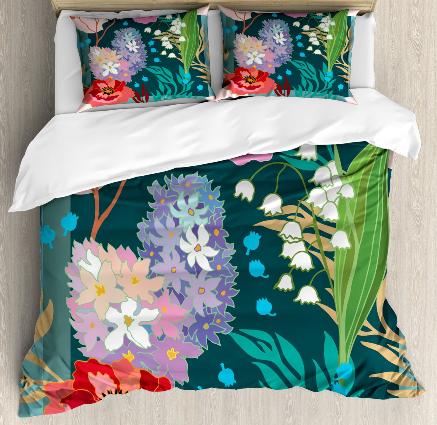 Floral Duvet Cover Set Queen Size, 1950s Retro Style Flourishing Design ...