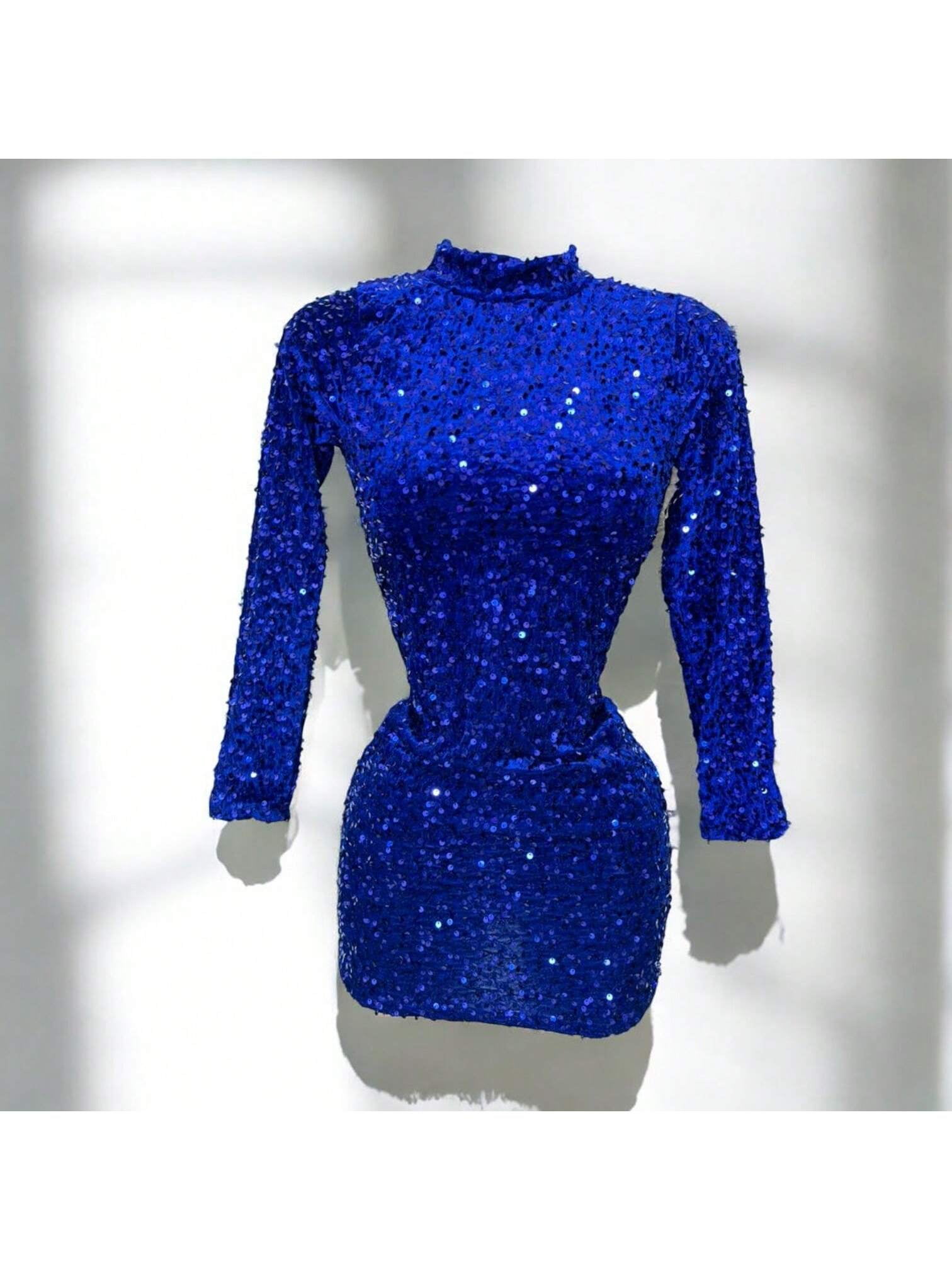 Vestido Sexy De Lentejuela Manga Larga Cuello Alto Color Azul Talla ...