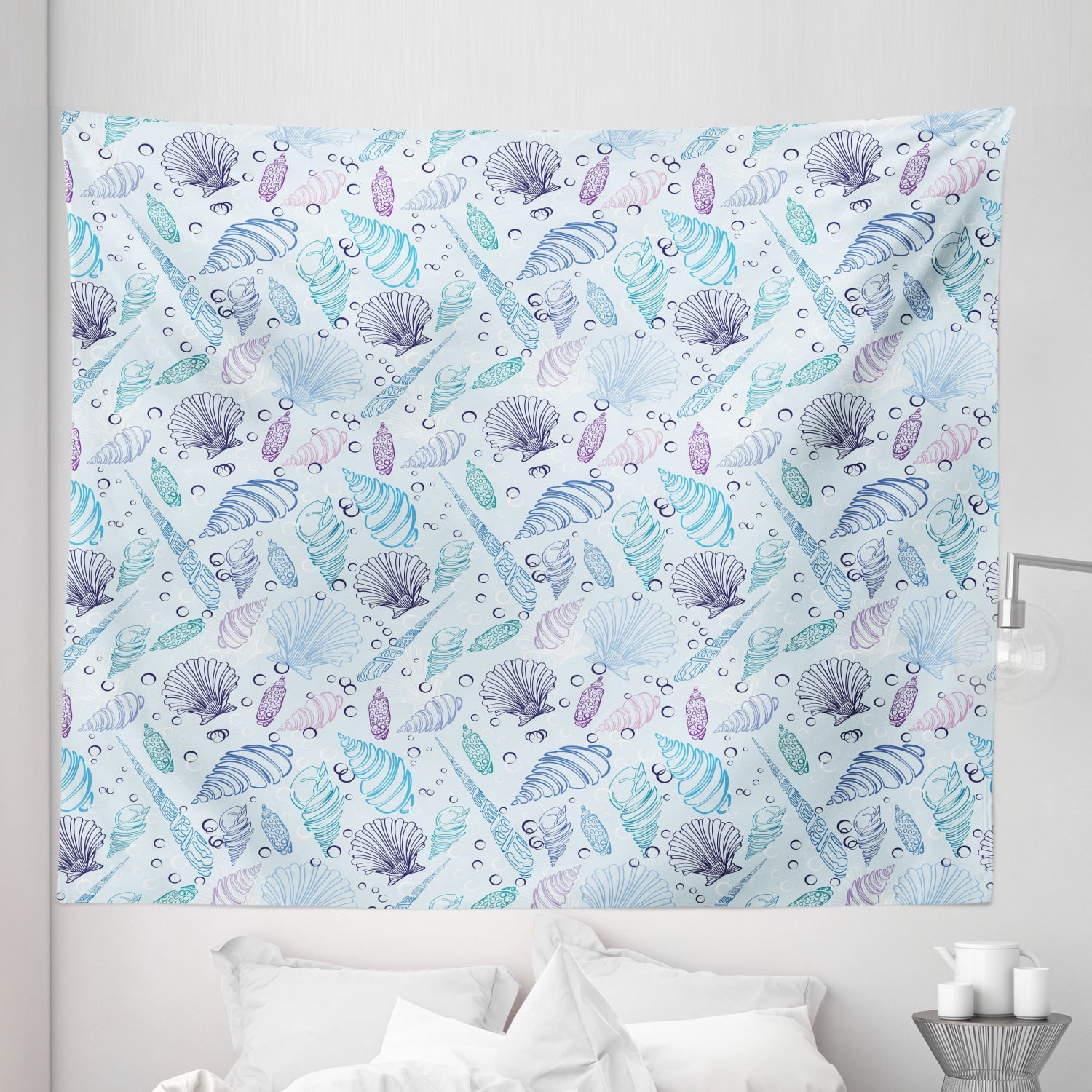 Nautical Tapestry, Various Sea Shell Pattern Underwater Bubbles Ocean ...
