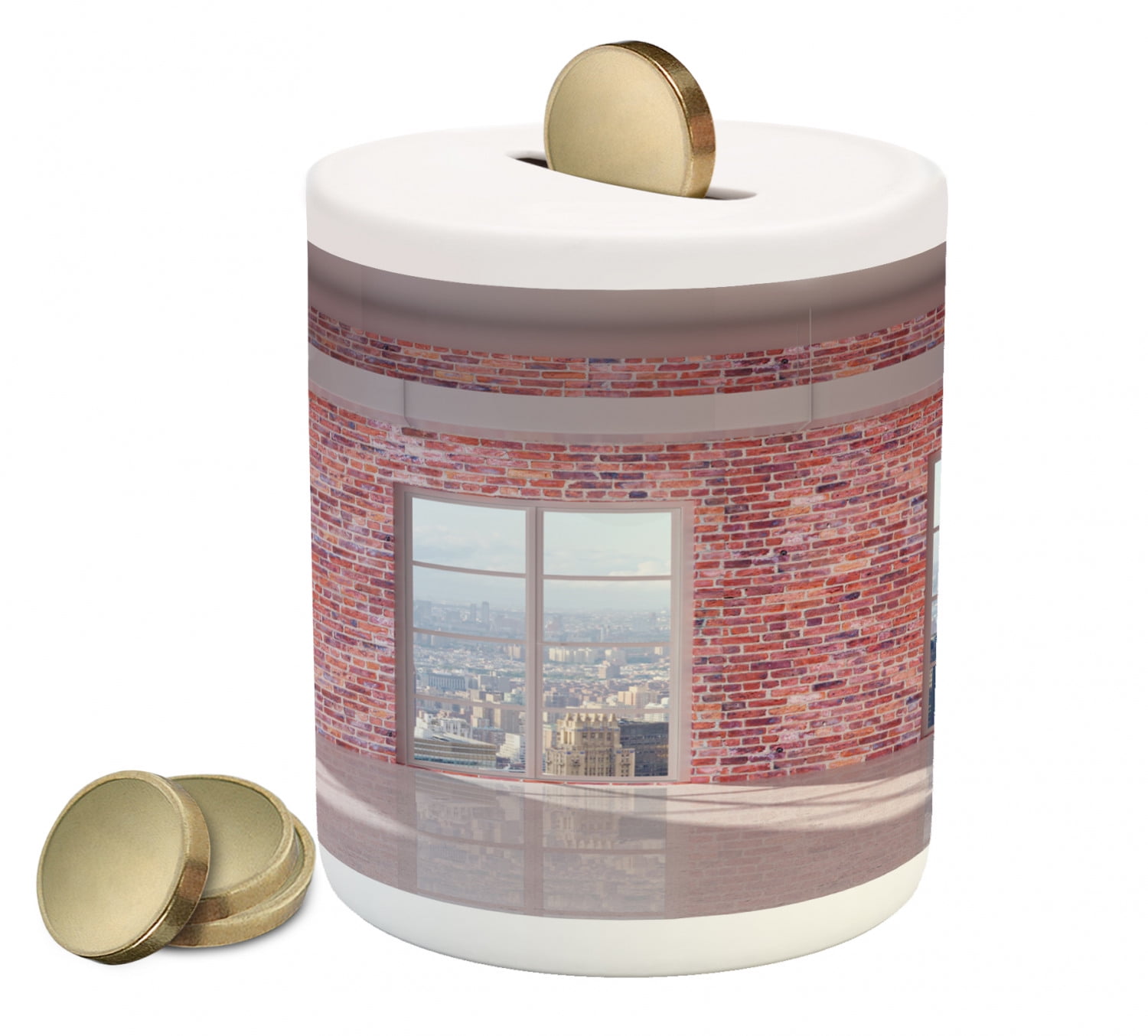 Modern Piggy Bank, Red Brick Wall Loft Interior with Windows to City ...